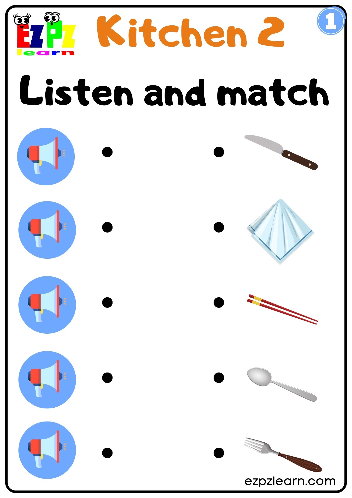 Kitchen Objects Vocabulary Interactive Worksheet Listen and Match the Correct Images Activity ...